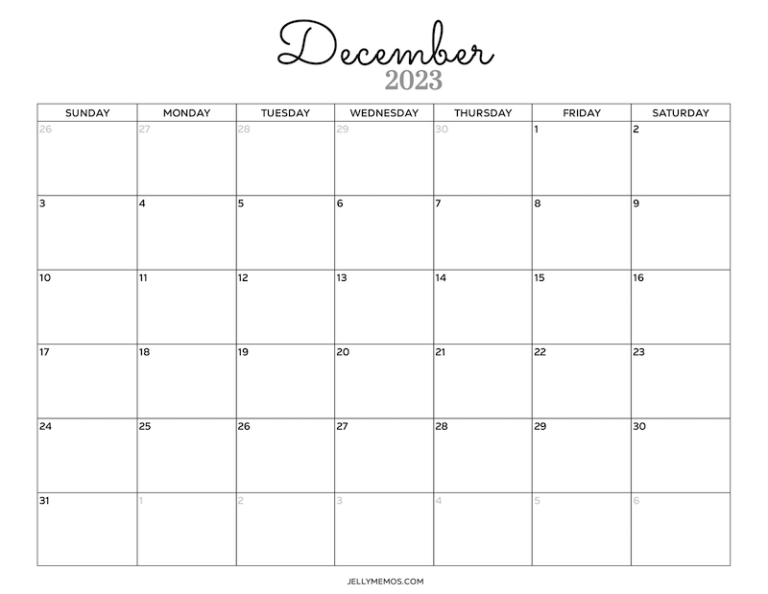 December 2023 Calendar Printables - Monday & Sunday Start - JellyMemos
