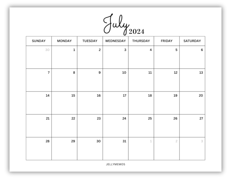 July 2024 Calendar Printables (Cute & Simple!) - JellyMemos
