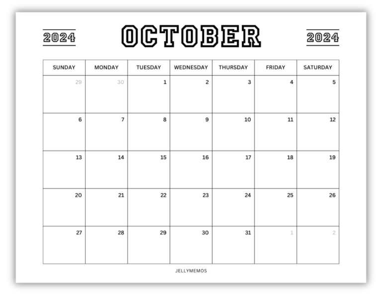 October 2024 Calendar Printables (Monday & Sunday Start!) - JellyMemos