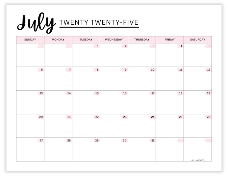 2025 Pink Calendar Printable (Cute & Free!) - JellyMemos