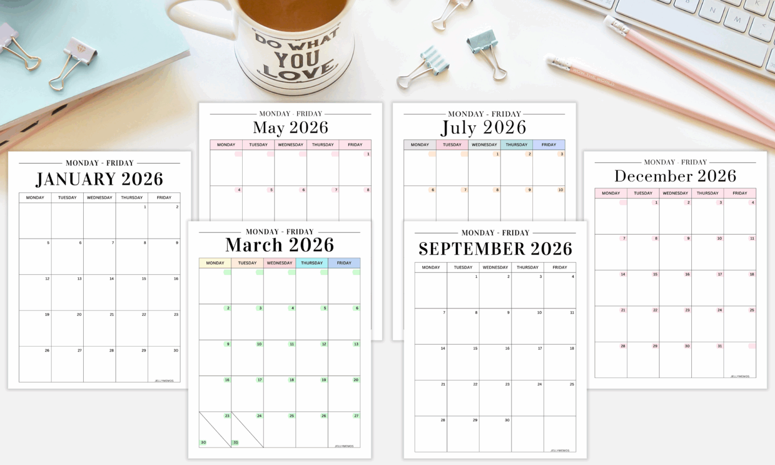 Monday To Friday Calendar Printables For 2026 - JellyMemos