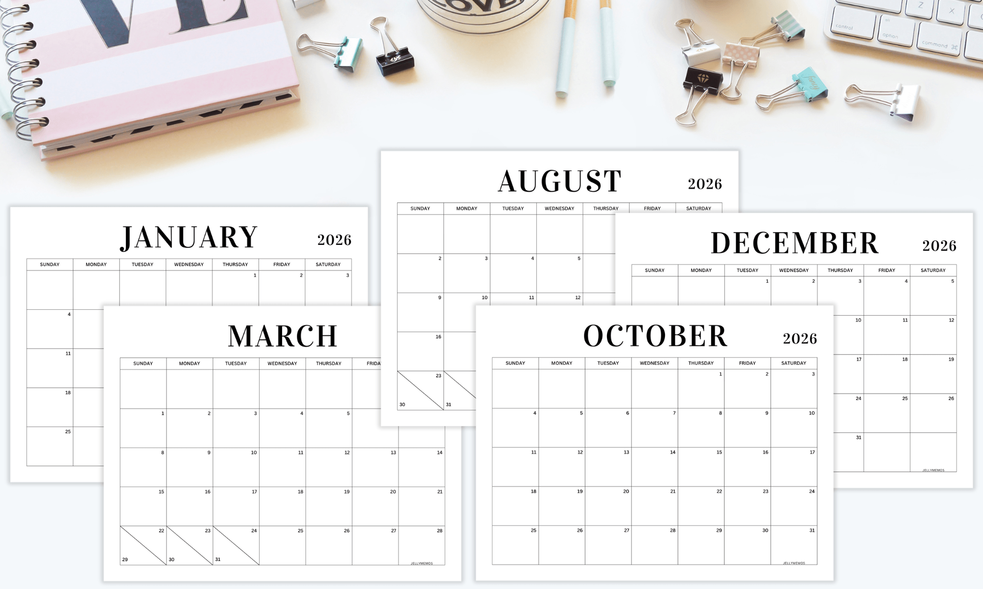 Minimal Calendar Printable Templates For 2026 - JellyMemos