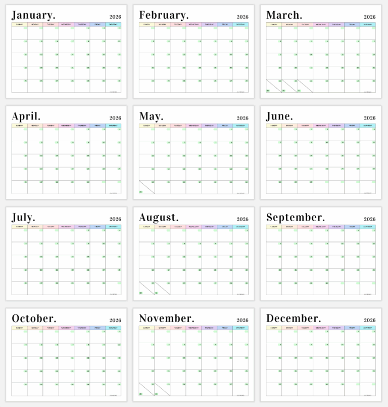 Pastel Calendar Printable Templates For 2026 - JellyMemos
