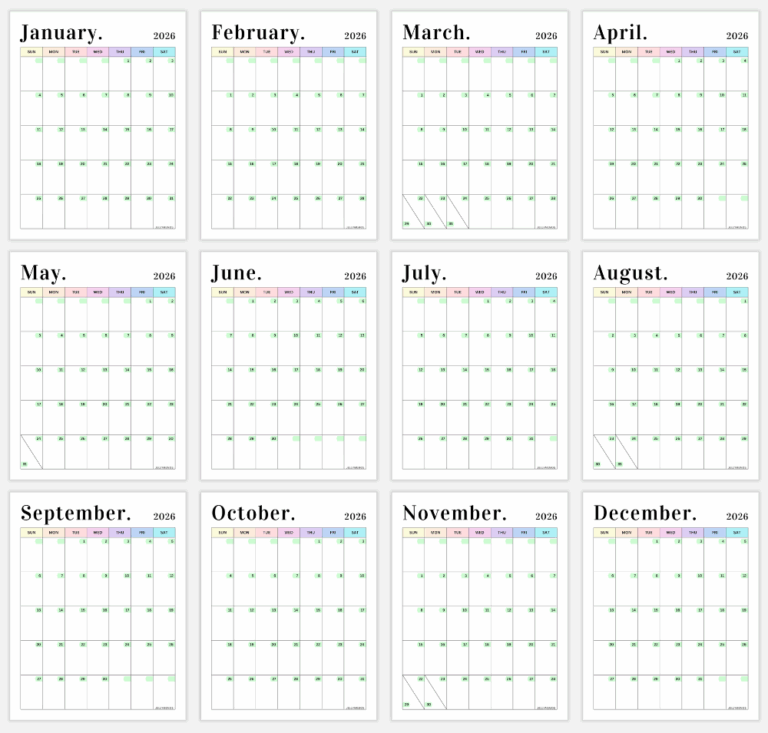 Pastel Calendar Printable Templates For 2026 - JellyMemos