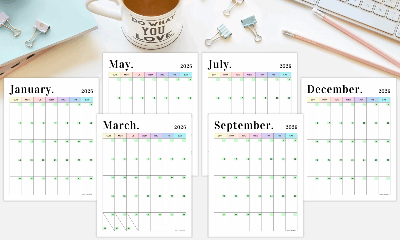 Pastel Calendar Printable Templates For 2026 - JellyMemos