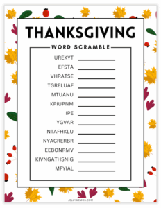 Printable Thanksgiving Word Scramble - Fun Activity Sheets - JellyMemos