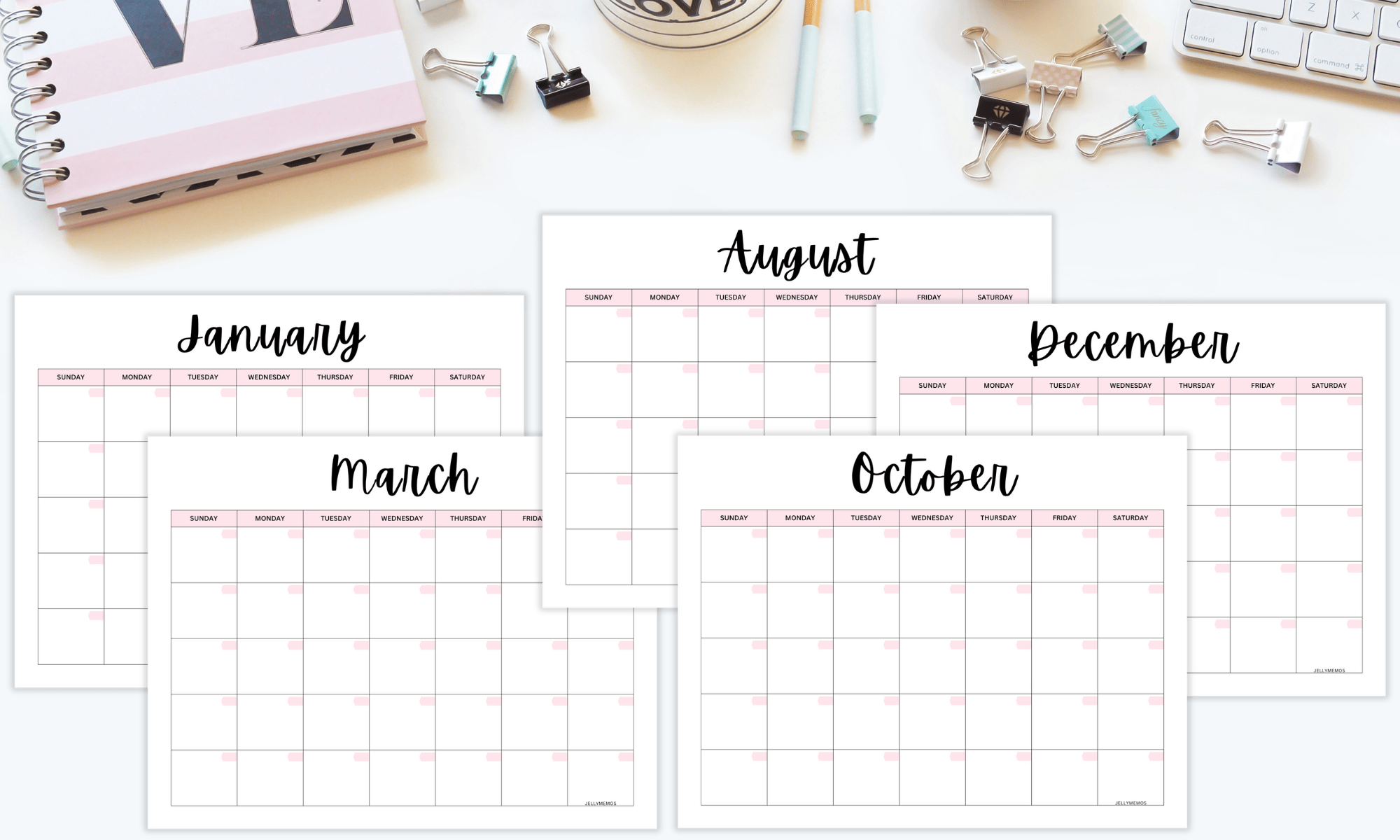 Pink Undated Monthly Calendar Printables - JellyMemos