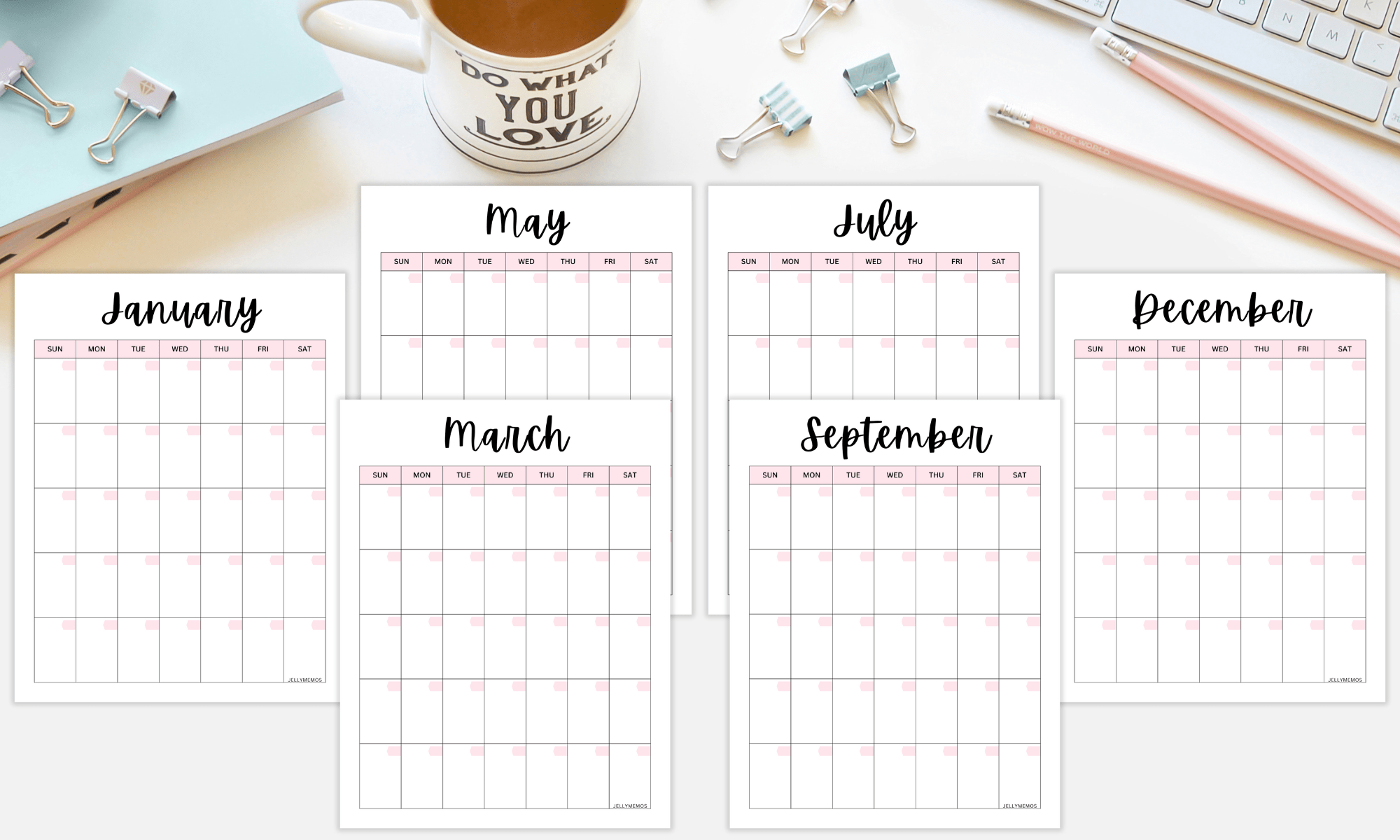 Pink Undated Monthly Calendar Printables - JellyMemos