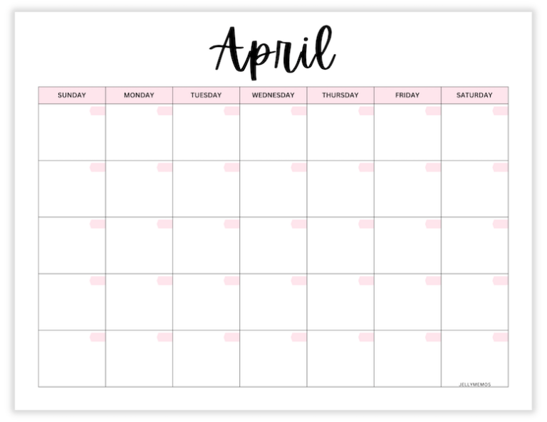Pink Undated Monthly Calendar Printables - JellyMemos