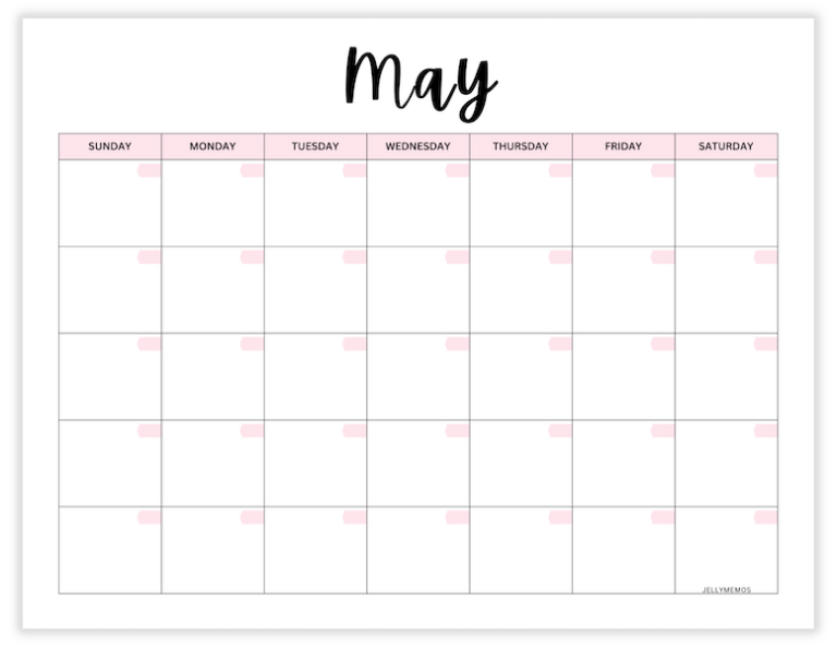 Pink Undated Monthly Calendar Printables - JellyMemos