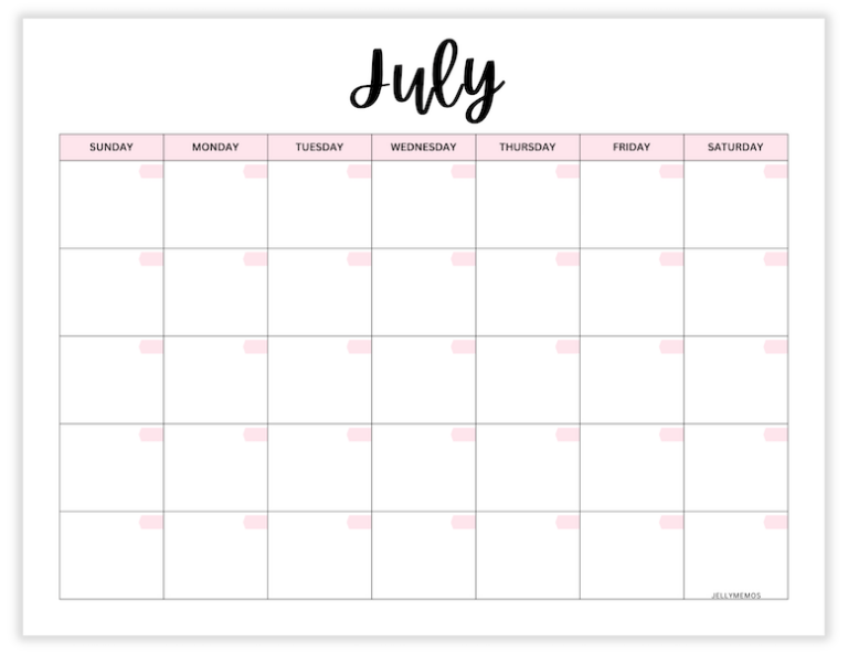 Pink Undated Monthly Calendar Printables - JellyMemos
